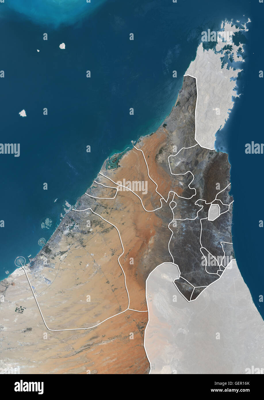 Satellite view of the Northern United Arab Emirates (with country ...