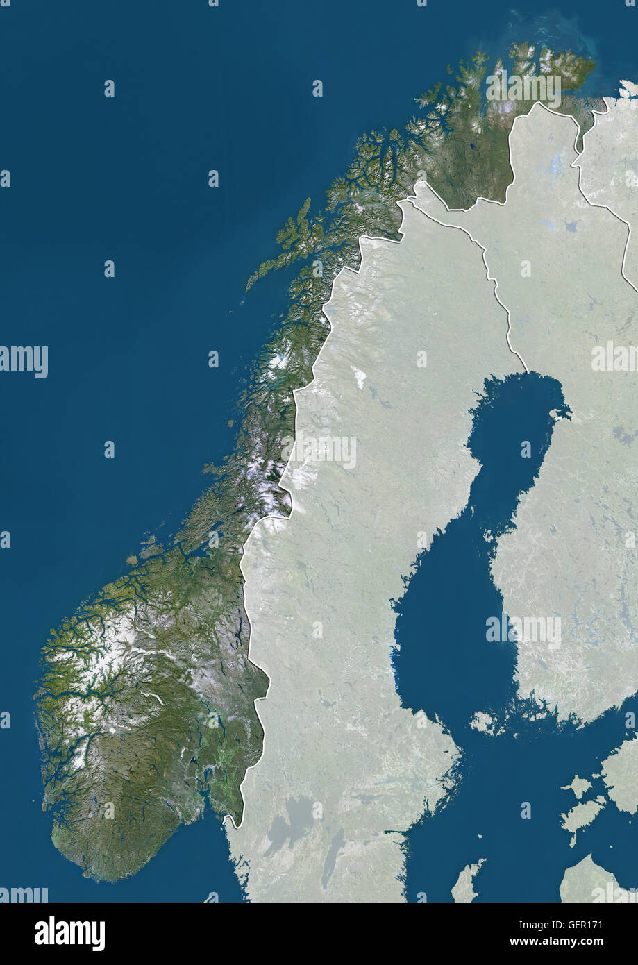 Satellite view of Norway (with country boundaries and mask). This image ...
