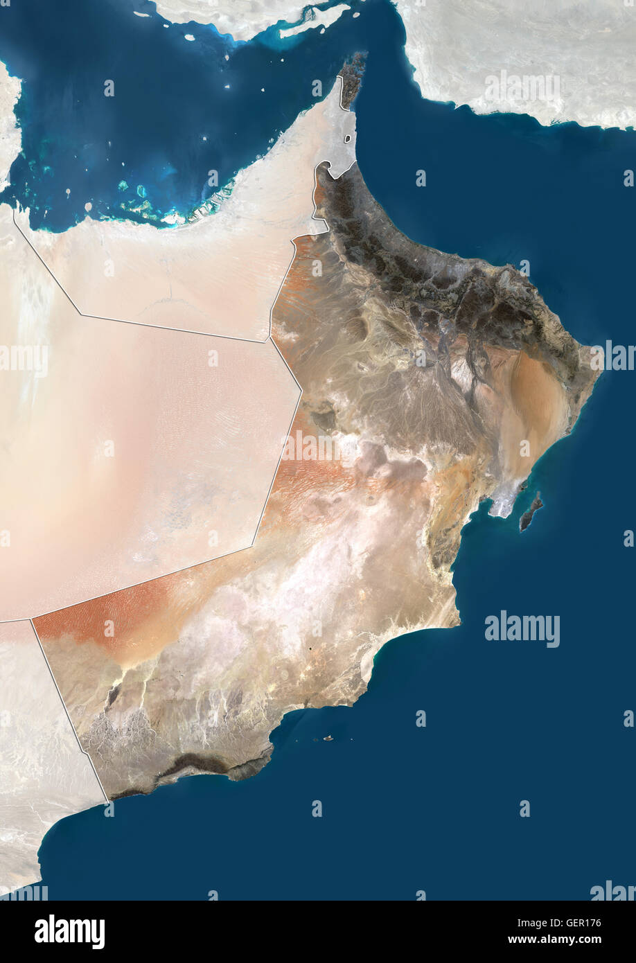 Satellite view of Oman (with country boundaries and mask). This image ...