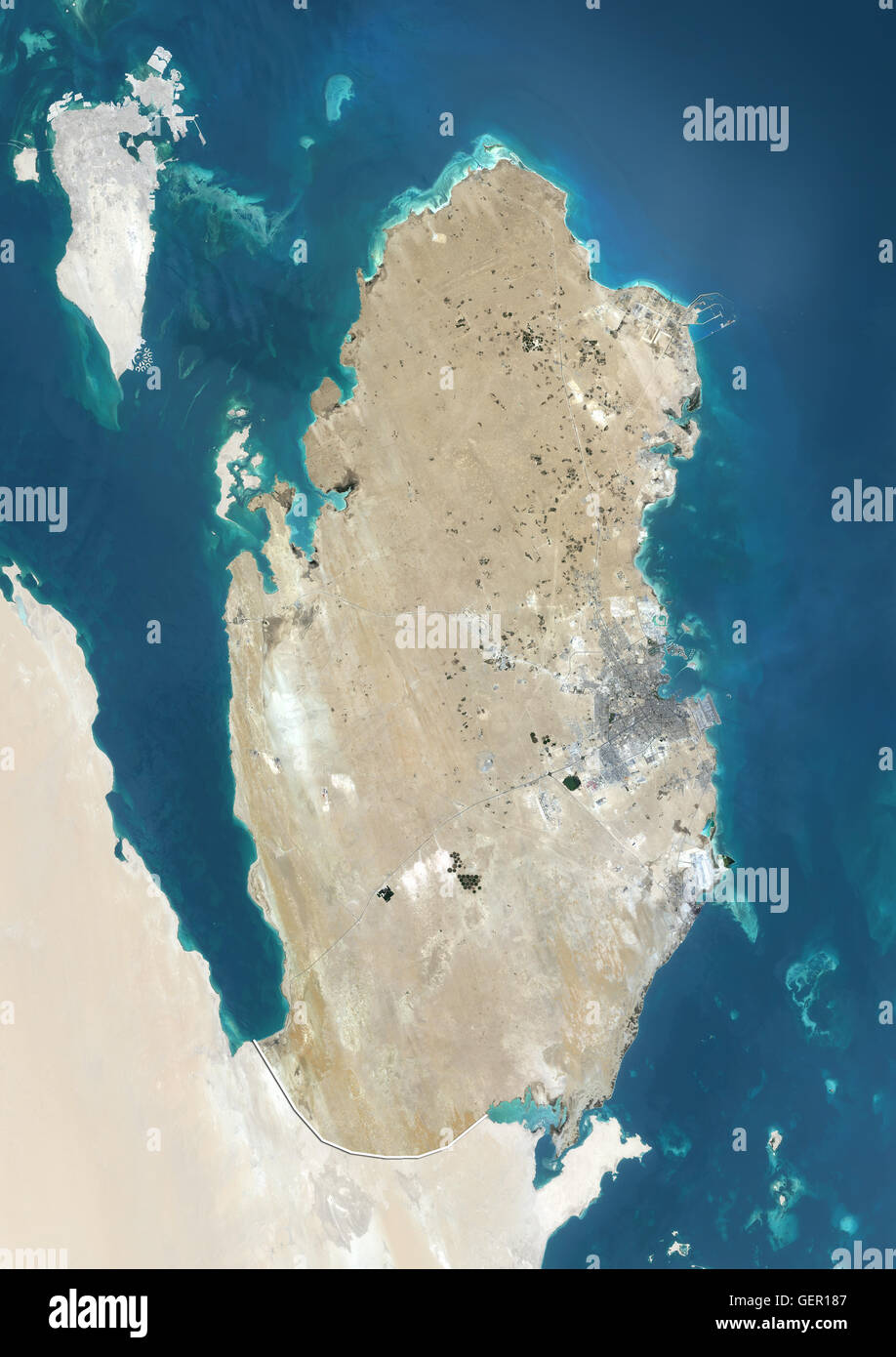 Satellite view of Qatar (with country boundaries and mask). This image ...