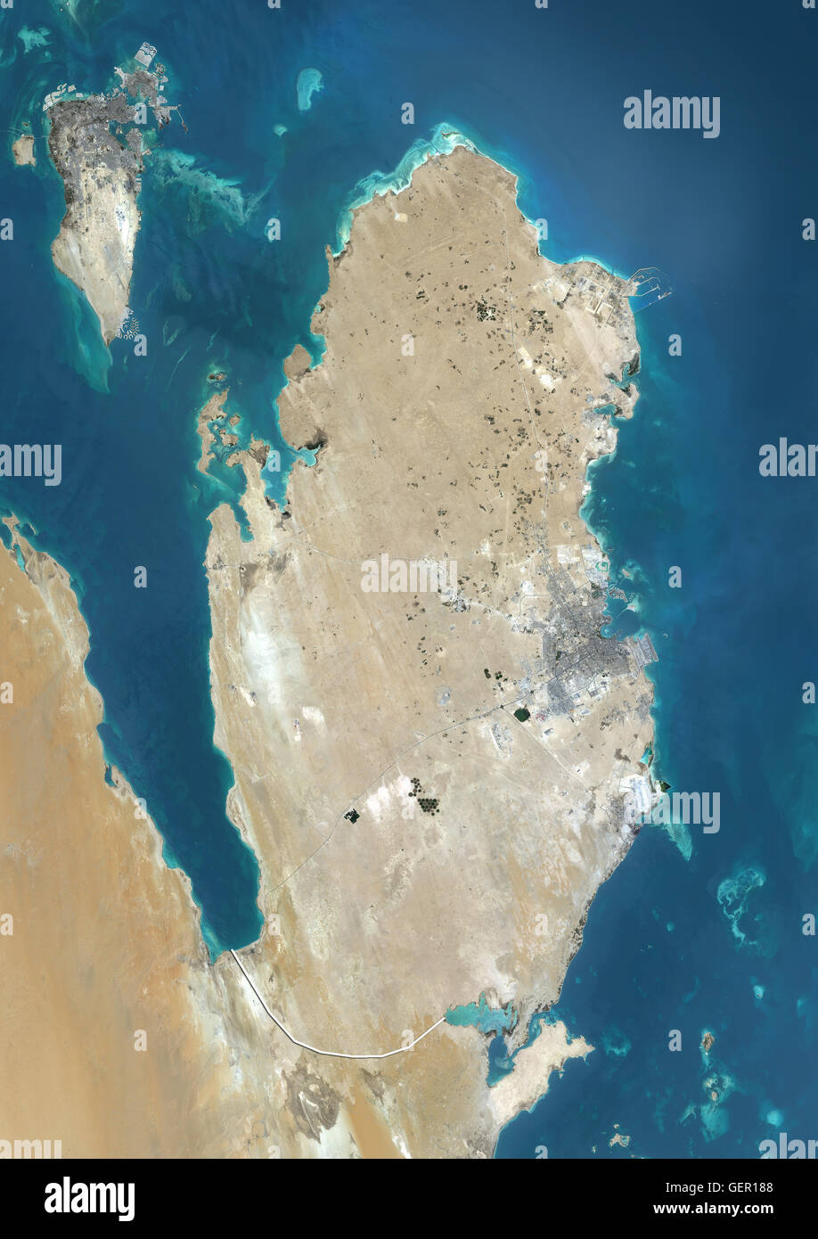 Satellite view of Qatar and Bahrain (with country boundaries). This ...