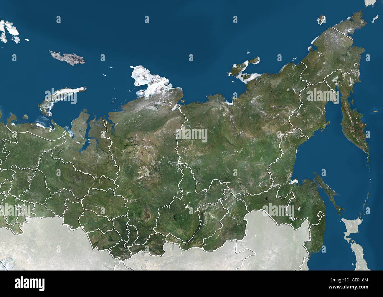 Satellite view of Siberia, Russia (with administrative boundaries and ...