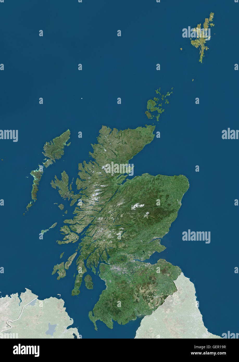 Satellite view of Scotland and the Northern Isles, UK (with country ...