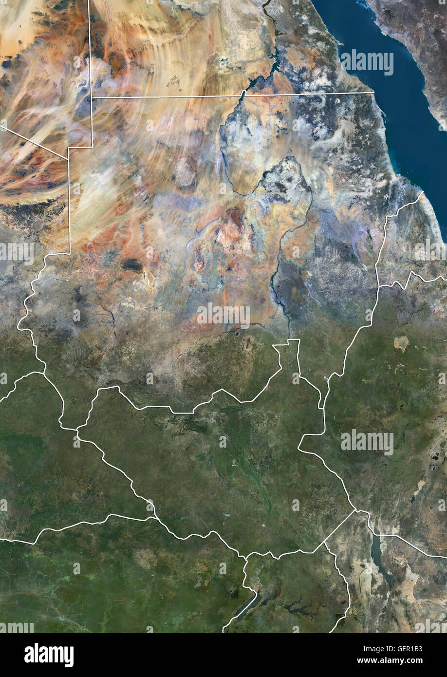 Satellite view of Sudan and South Sudan (with country boundaries). This ...