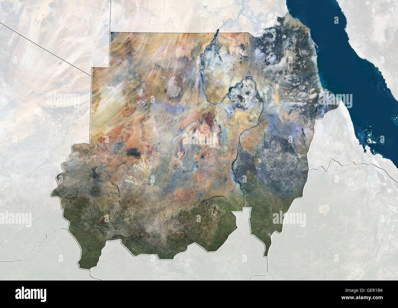 Satellite view of Sudan (with country boundaries and mask). This image ...