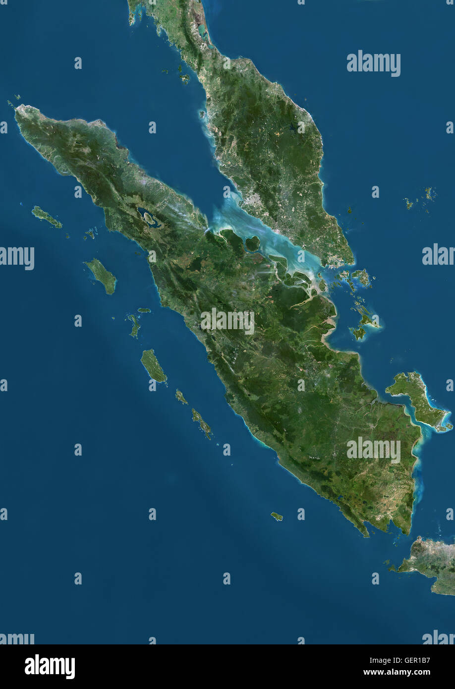 Satellite view of Sumatra, Malaysia and Singapore. This image was ...