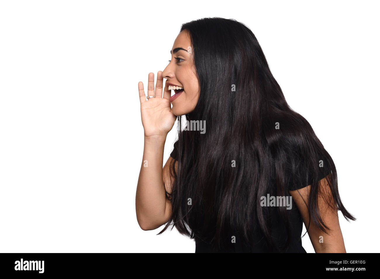 Beautiful young woman shouting and screaming. Isolated white background ...