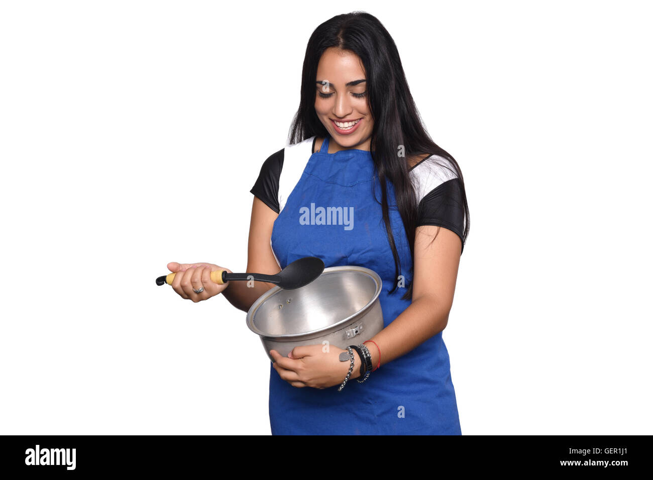 Young beautiful woman cooking. Isolated white background Stock Photo ...