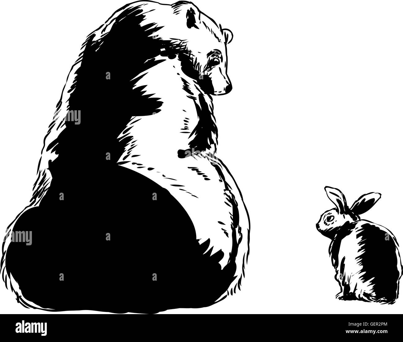 Size comparison outlined cartoon of large bear looking at little rabbit ...