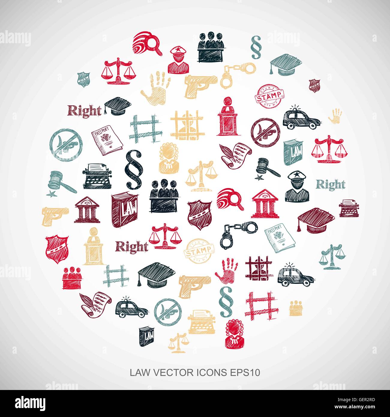 Multicolor doodles Hand Drawn Law Icons set on White. EPS10 vector ...