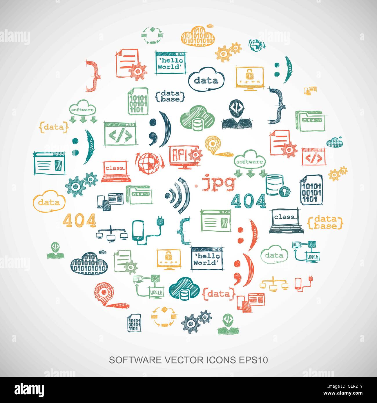 Multicolor doodles Hand Drawn Programming Icons set on White. EPS10 ...