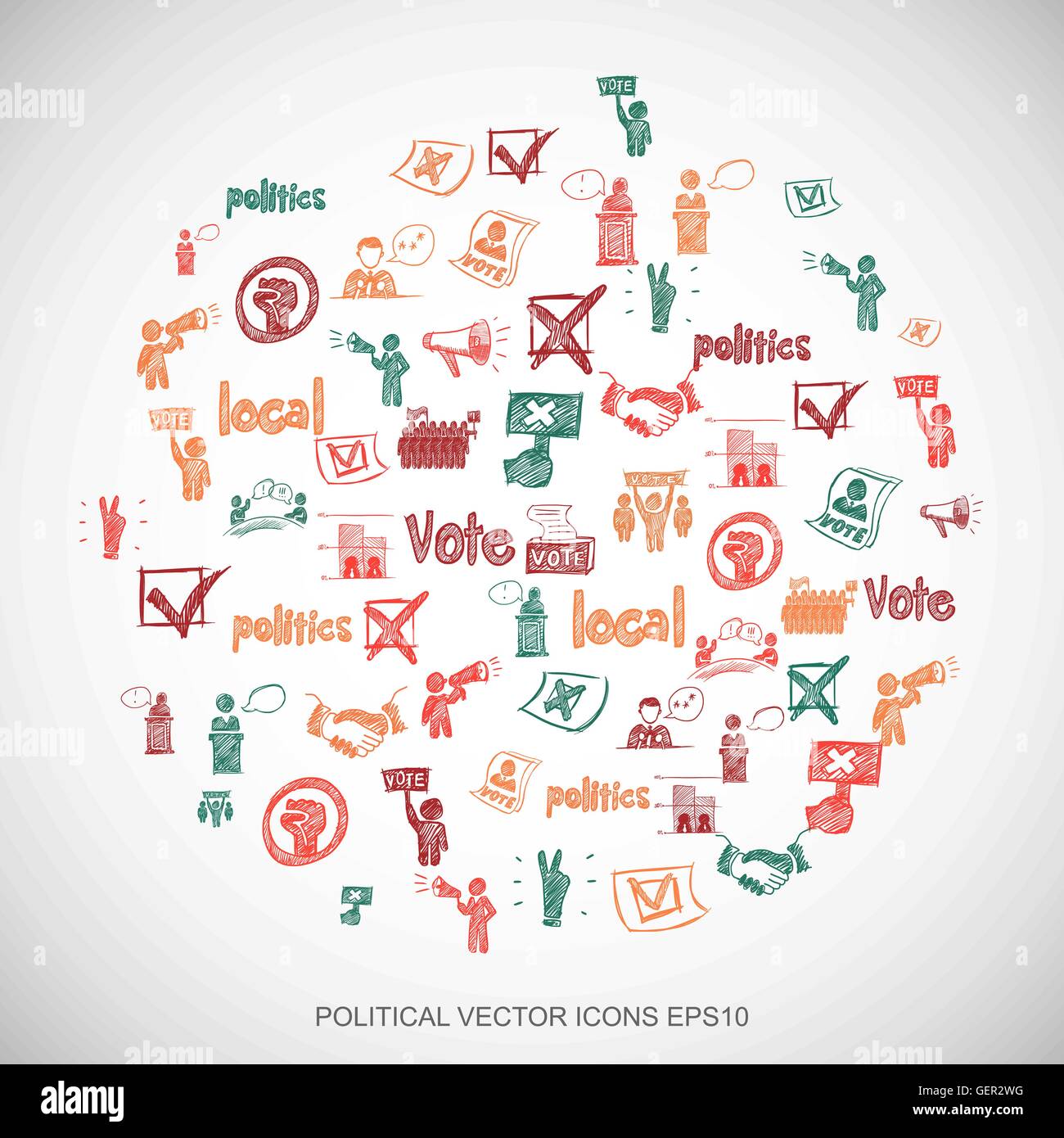 Multicolor doodles Hand Drawn Politics Icons set on White. EPS10 vector ...