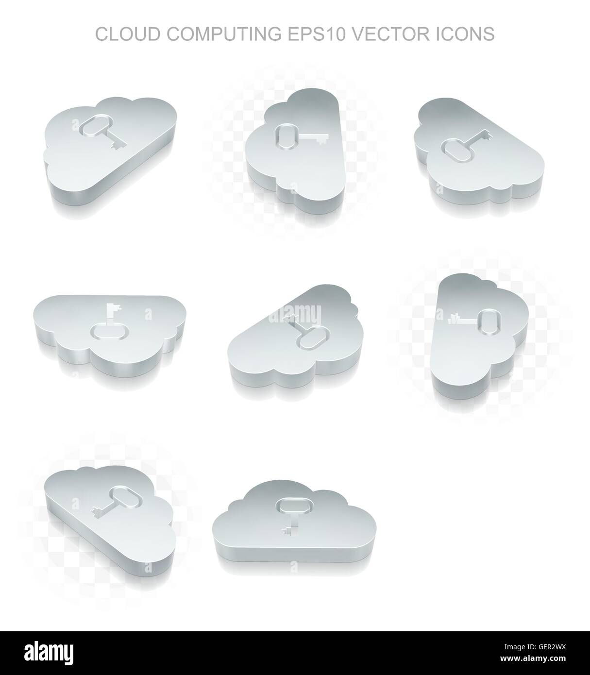 Cloud networking icons set: different views of metallic Cloud With Key ...