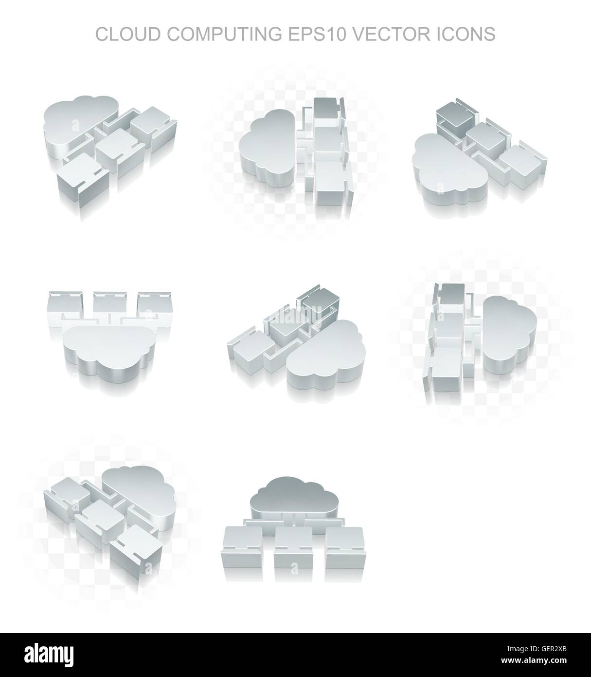 Cloud computing icons set: different views of metallic Cloud Network, transparent shadow, EPS 10 ...