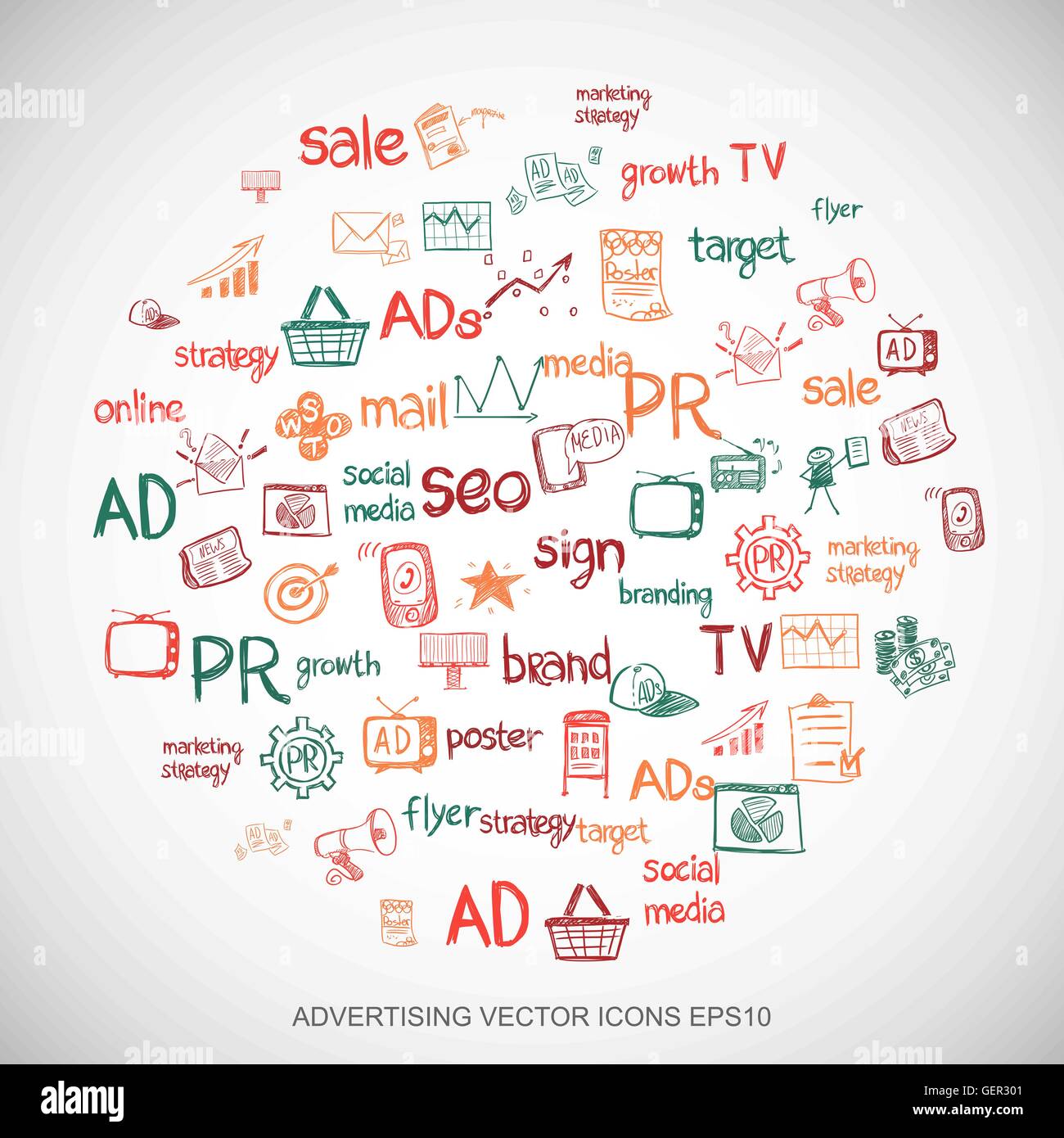 Multicolor doodles Hand Drawn Marketing Icons set on White. EPS10 ...