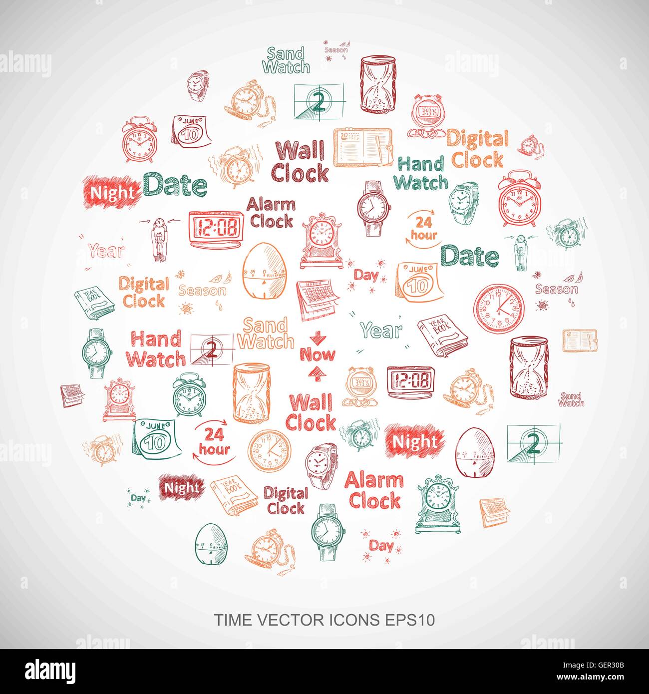 Multicolor doodles Hand Drawing Time Icons set on White. EPS10 vector ...