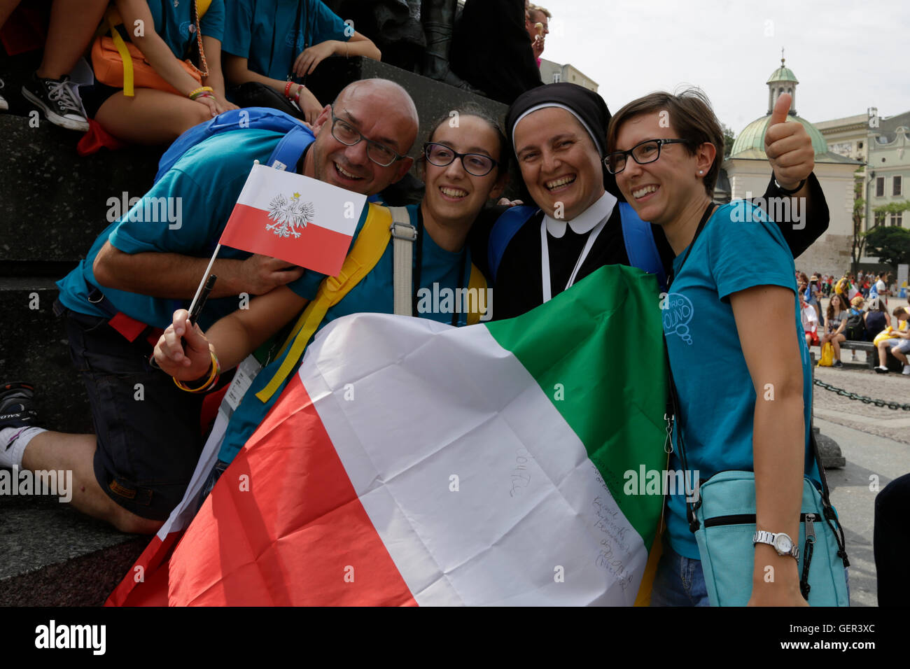 Krakow, Poland. 26th July, 2016. Italian pilgrims pose for a group ...