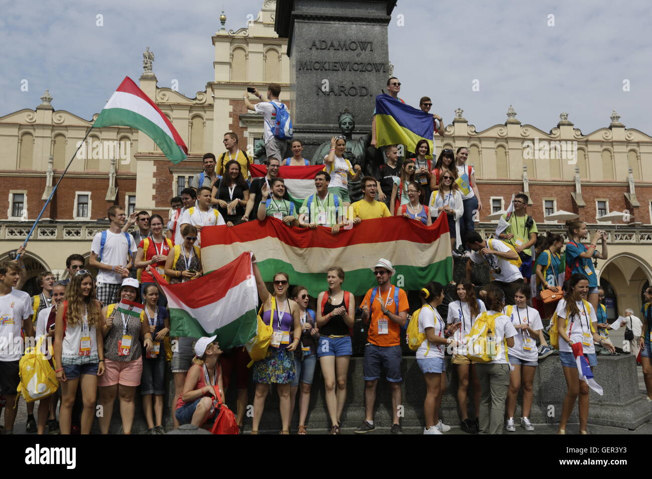 Krakow, Poland. 26th July, 2016. Hungarian an Ukrainian pilgrims pose ...