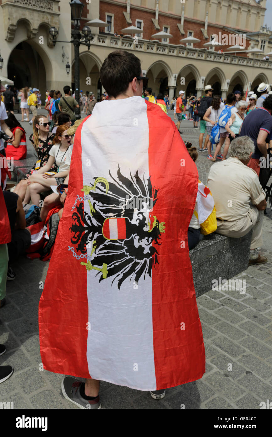Krakow, Poland. 26th July, 2016. An Austrian pilgrim wears the Austrian ...