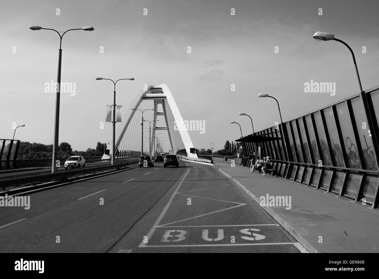 Apollo bridge, Bratislava. A bus stop in a sunny summer day Stock Photo ...