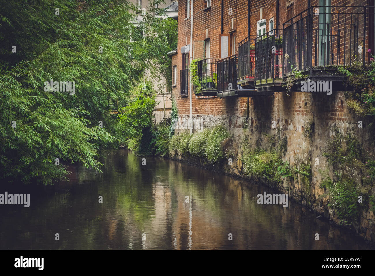 Balconies of homes on the riverside in the Exeter Quay, Devon, England ...