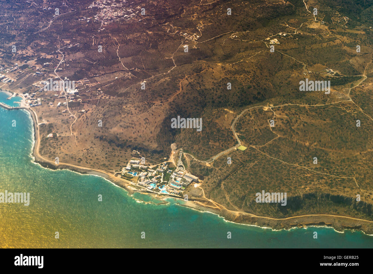 Seaside view of resort Crete island with hotels and beaches, aerial ...