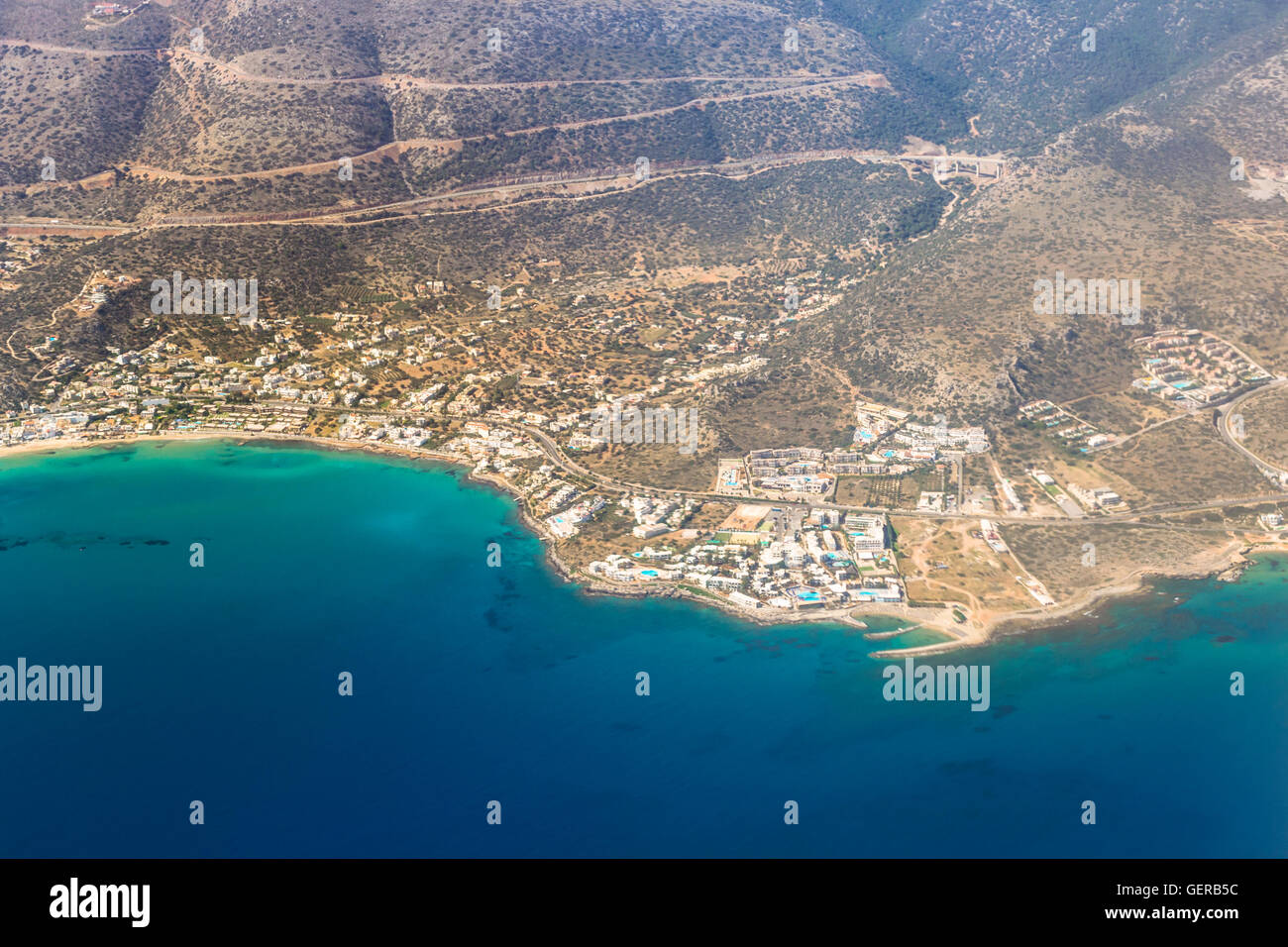 Seaside view of resort Crete island with hotels and beaches, aerial ...