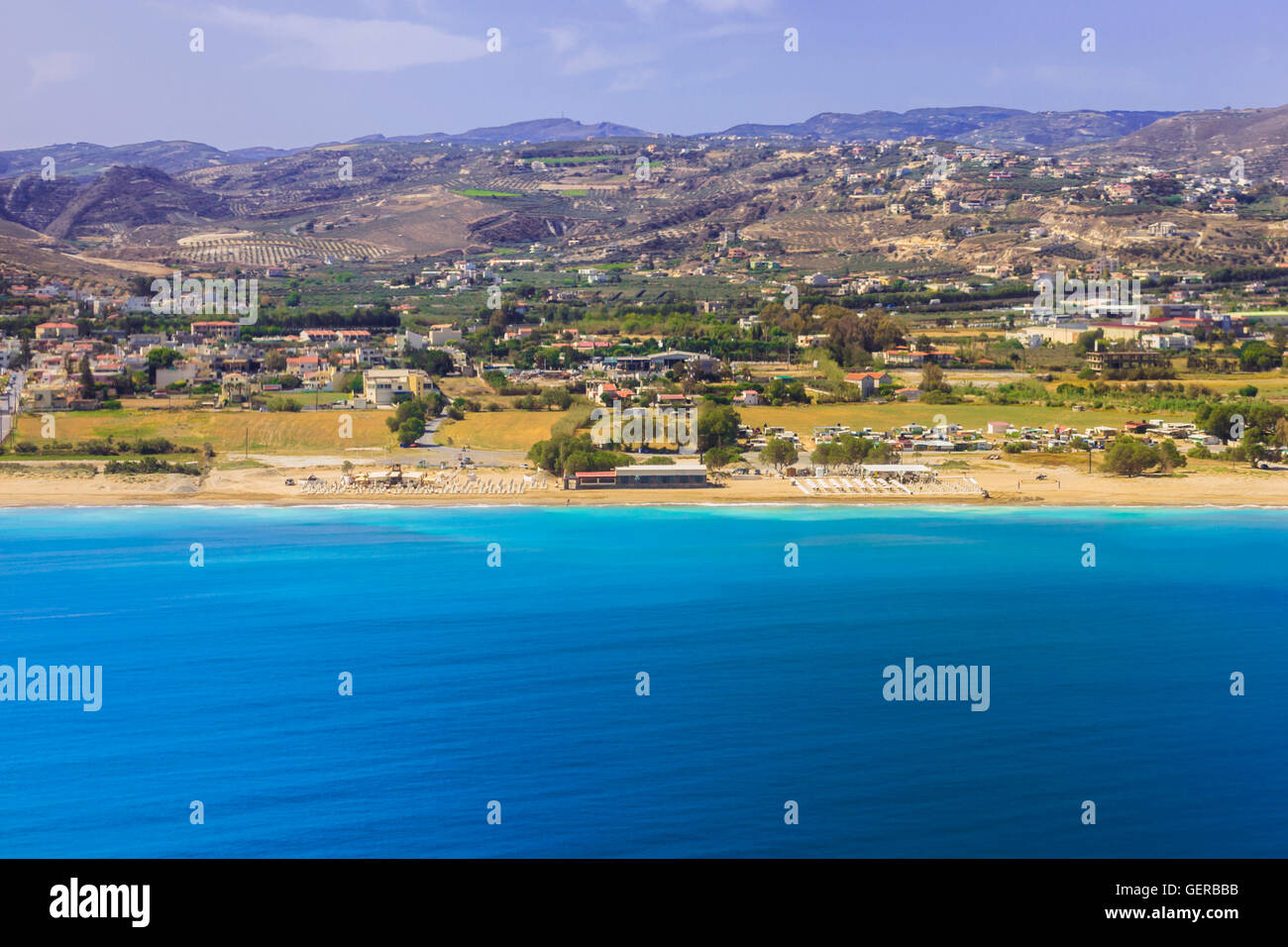 Seaside view of resort Crete island with hotels and beaches, aerial ...