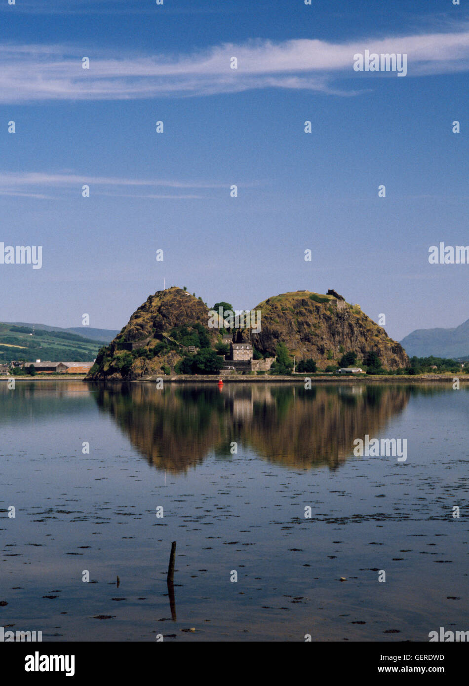 View NNW across River Clyde to Dumbarton Castle on the twin peaks of a ...