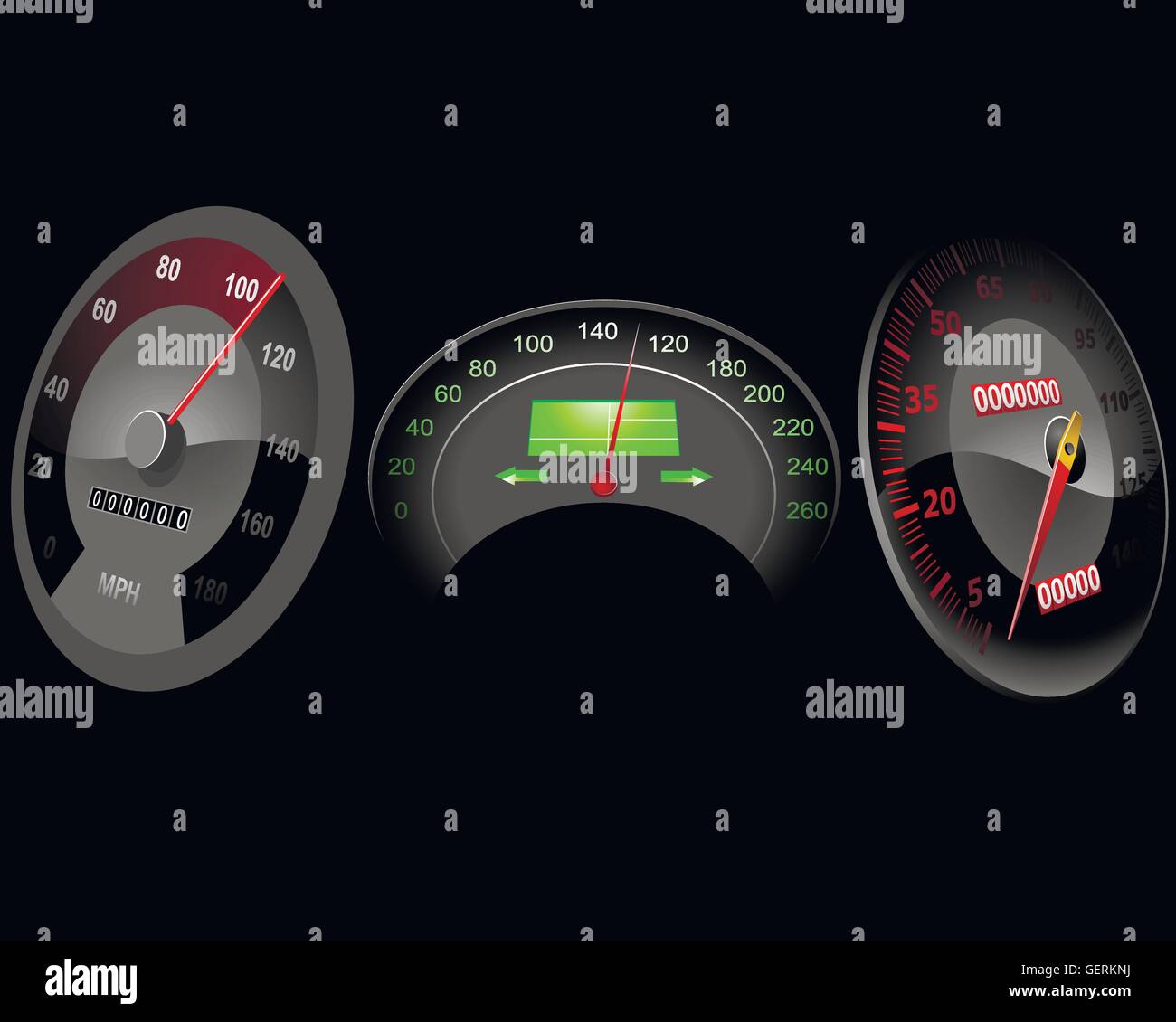 Vector illustration of a three speedometers on black Stock Vector Image ...
