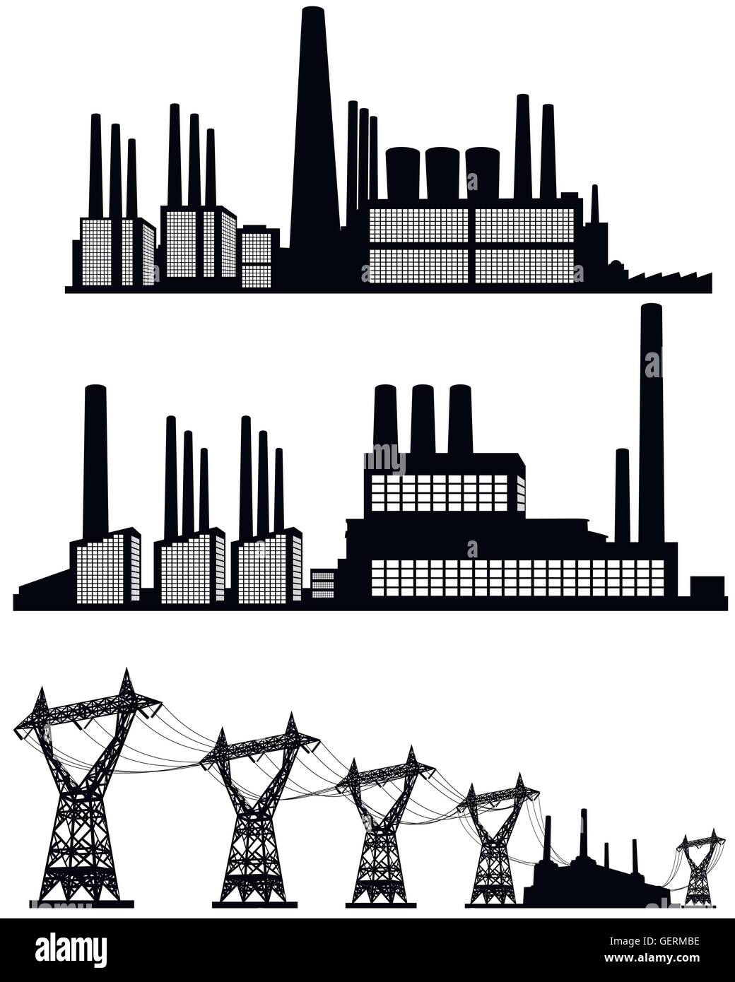 Vector illustration of a three factories silhouettes Stock Vector Image ...