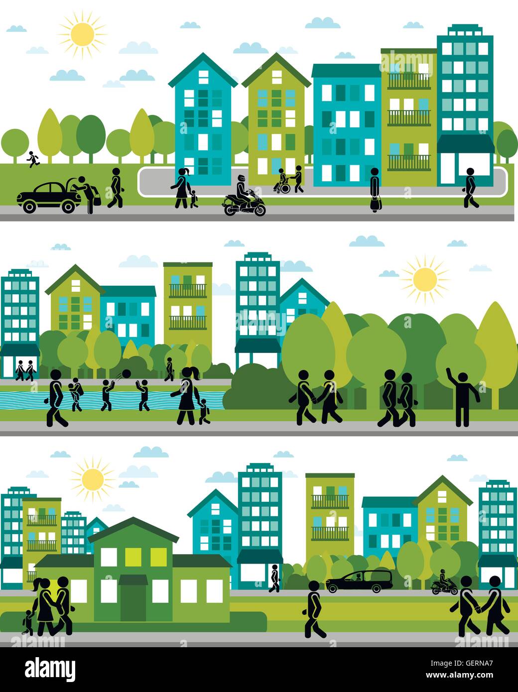 Vector illustration of a three city life scenes Stock Vector Image ...