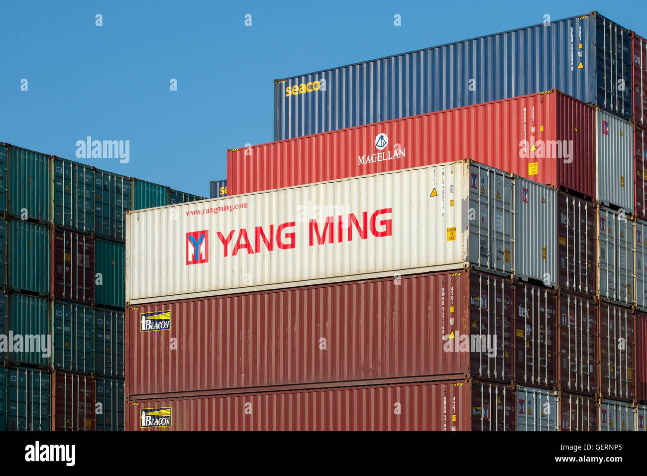 Genoa, Italy, Container stack in harbor Stock Photo - Alamy