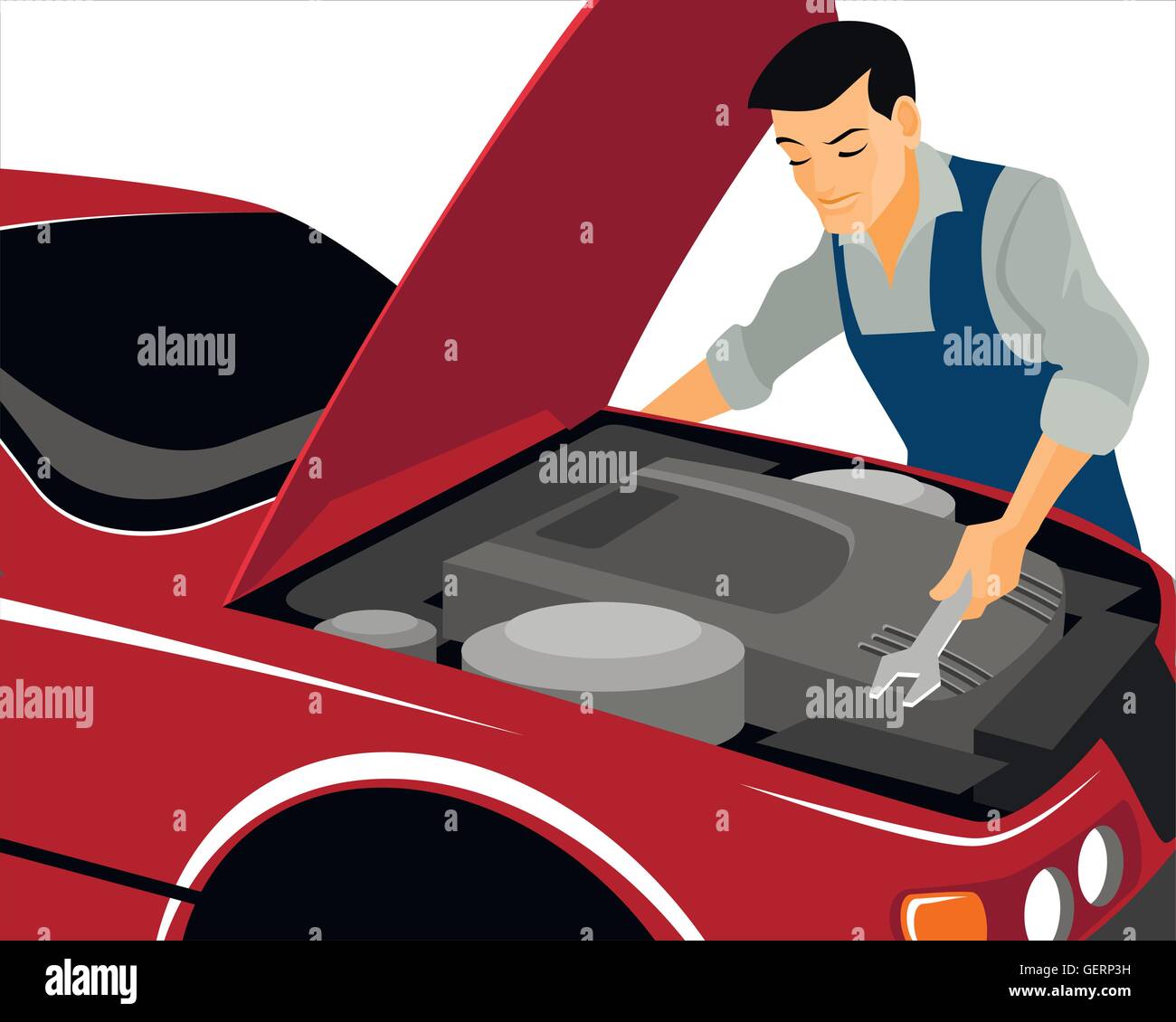Vector illustration of a mechanic repairs motor Stock Vector Image ...