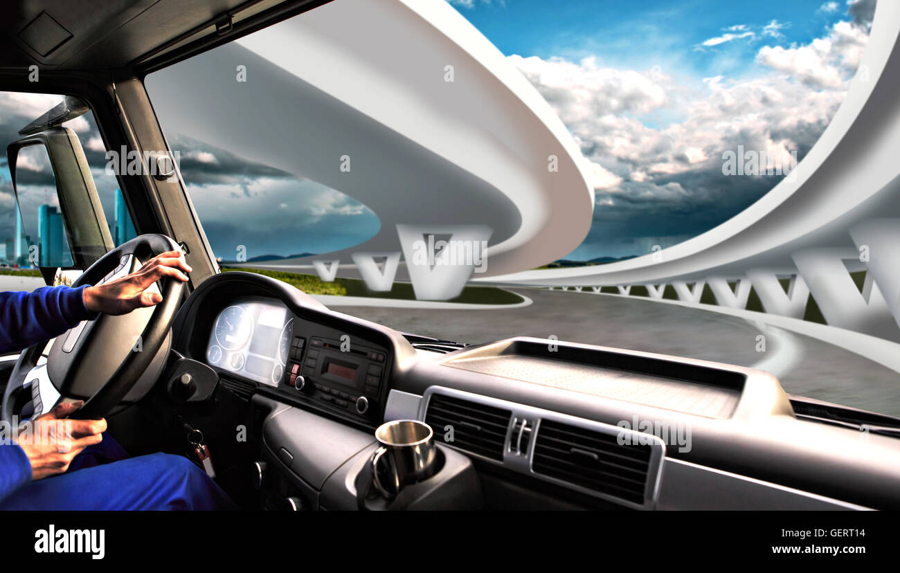driver view from the cockpit of a truck on the road Stock Photo - Alamy