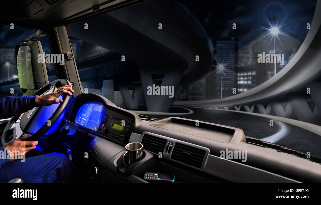 driver view from the cockpit of a truck on the road by night Stock ...