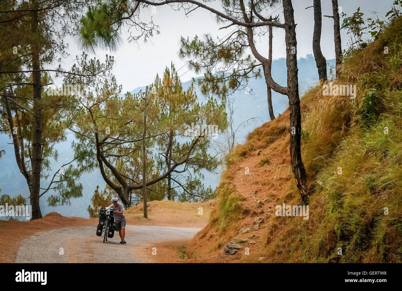 Woman pushing her bicycle uphill on a mountain road in Nepal leading ...
