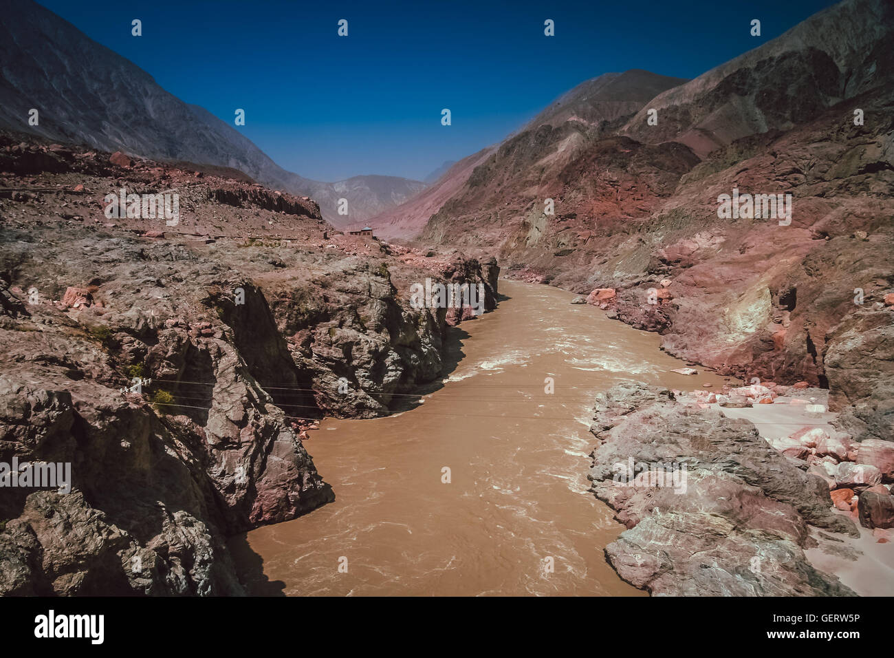 Hunza river flowing through the beautiful mountain valley in the ...