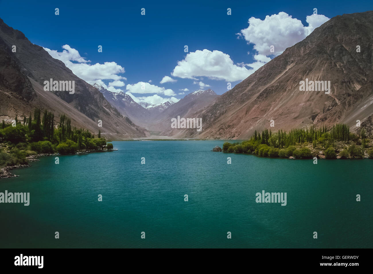 Stunning mountain lake in the valley in the Karakorum mountains in ...