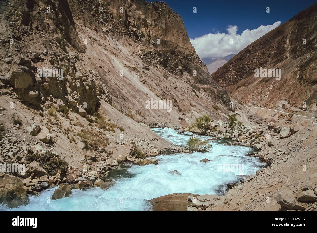 River flowing through the beautiful valley in the Karakorum mountains ...