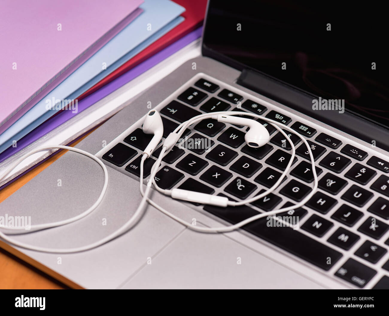 Workplace with notebook Stock Photo - Alamy