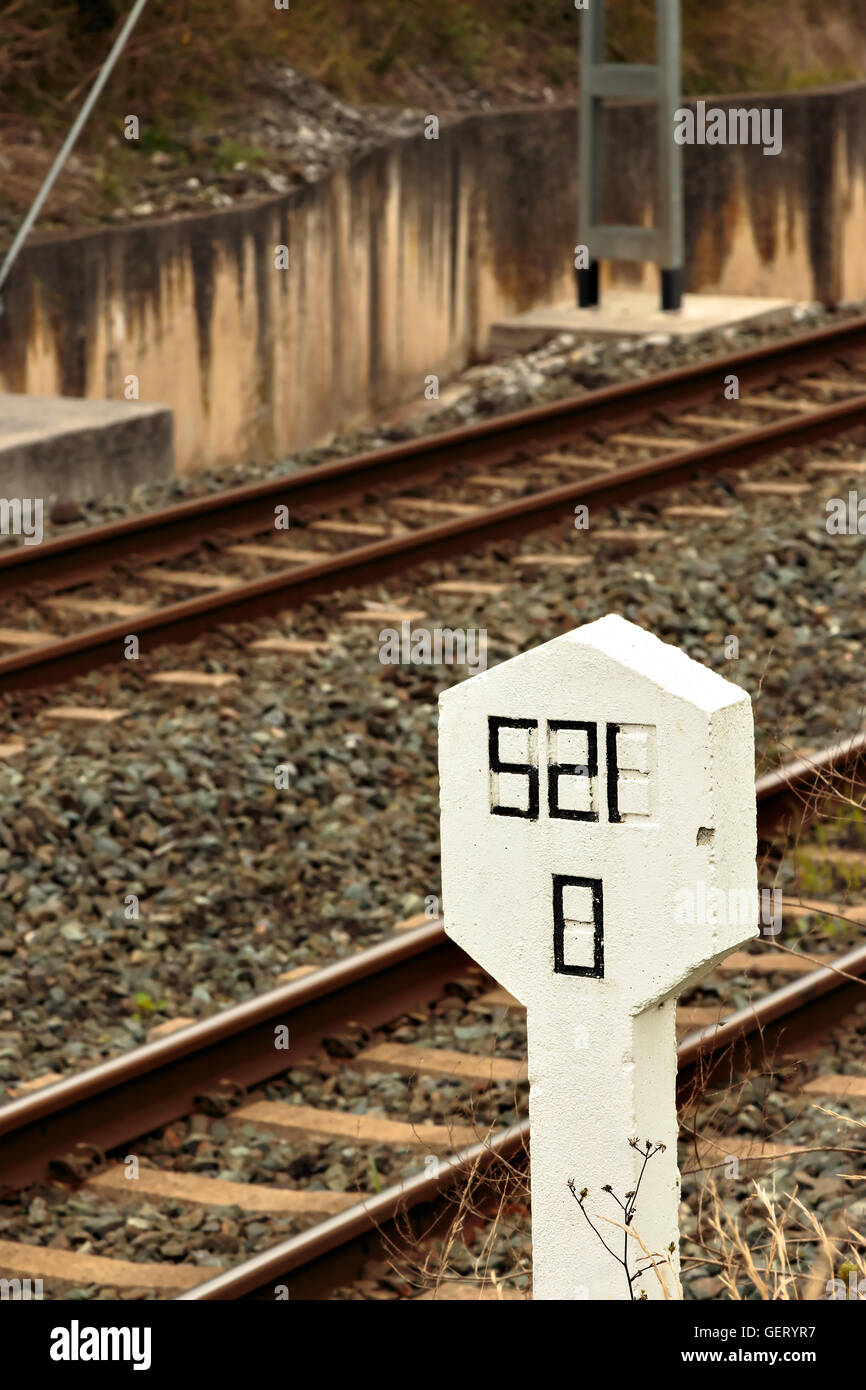 Stone signal in the railway line. Vertical image Stock Photo - Alamy