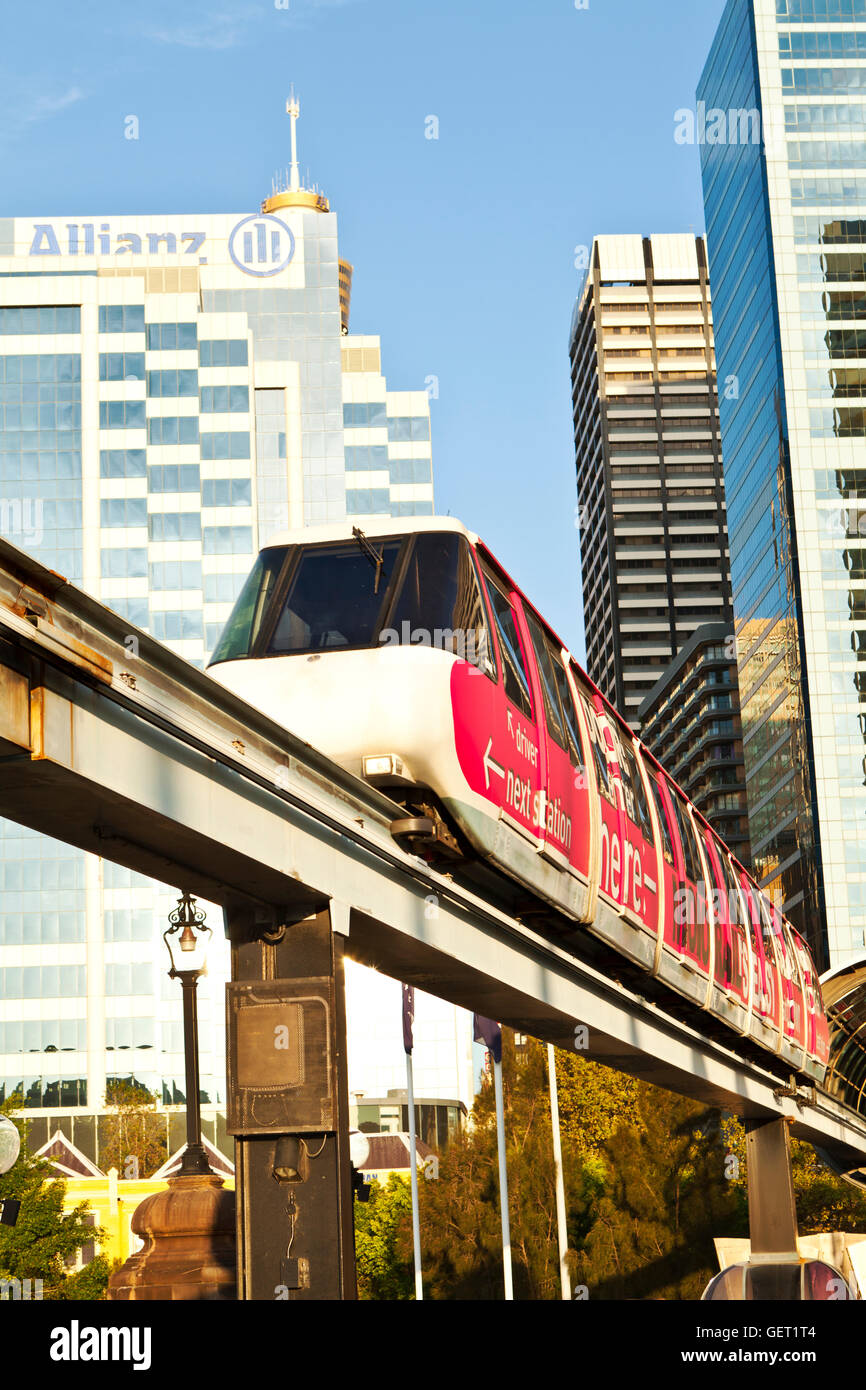 The Darling Harbour monorail and train passing through the Central ...