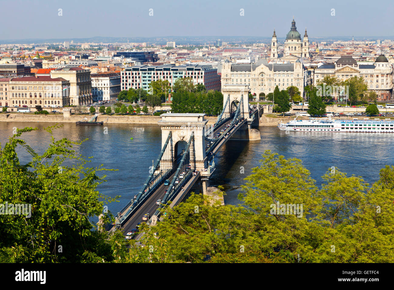 An aerial view of the Szechenyi Chain Bridge over the river Danube in ...