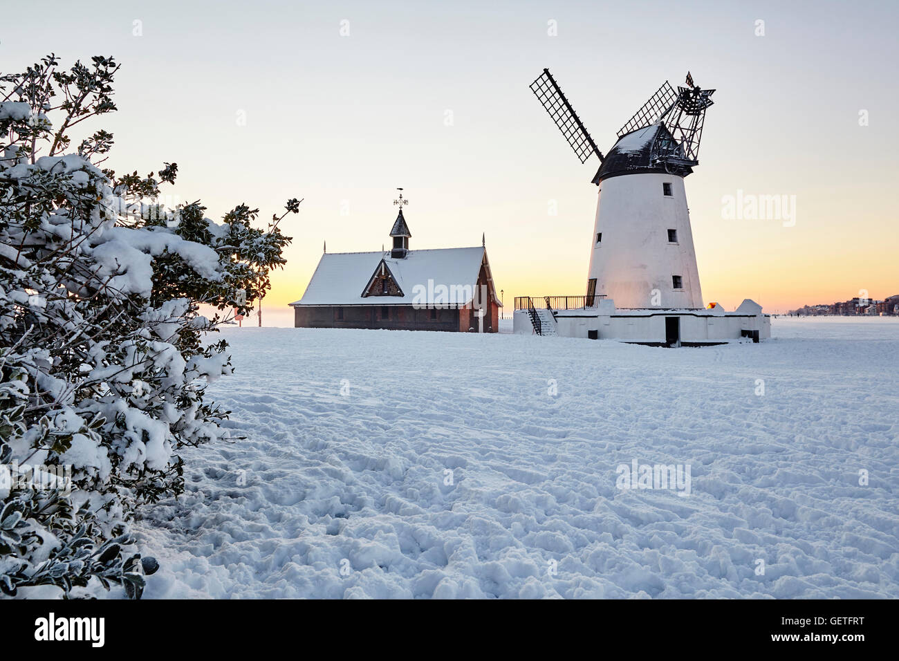 Sunset in winter at the White Windmill in Lytham St Annes Stock Photo ...