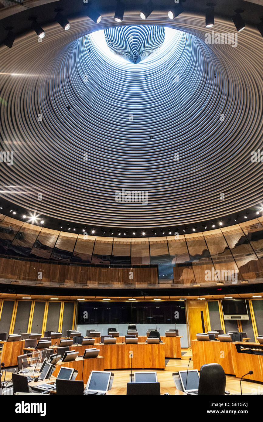 View up to the funnel roof of the Siambr or debating chamber in the ...
