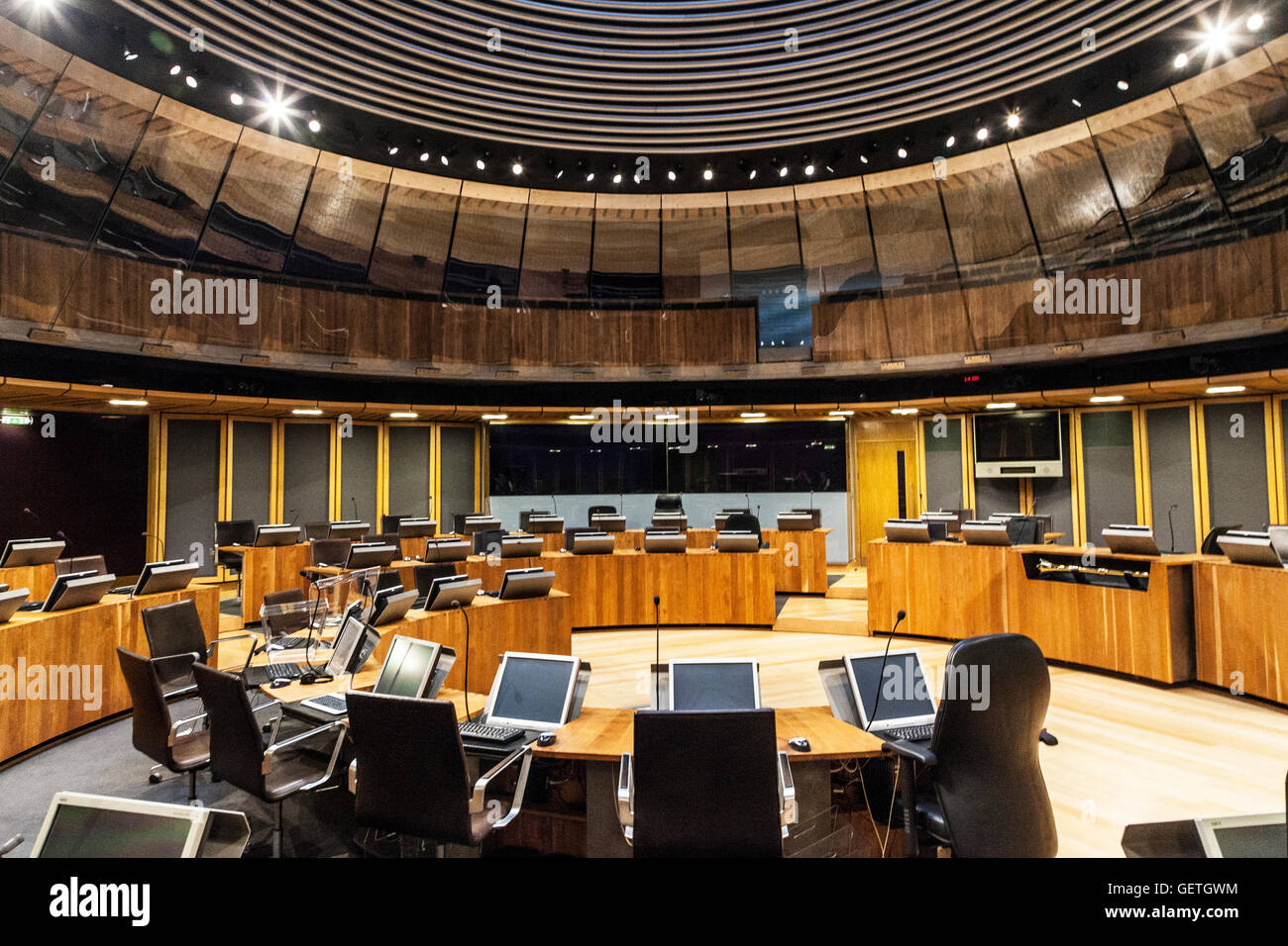 The Siambr or debating chamber in the Senedd or National Assembly for ...