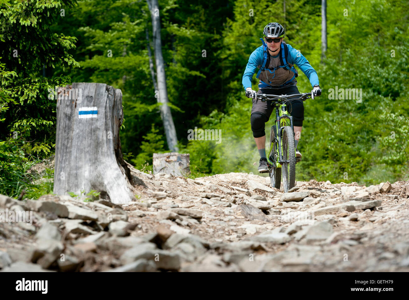 Man on mountain bike rides on stony trail in the forest Stock Photo - Alamy