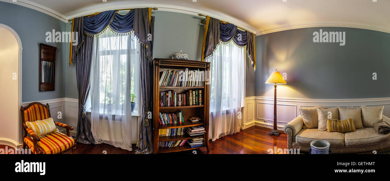Beautiful living room interior with high windows, old-styled russian ...