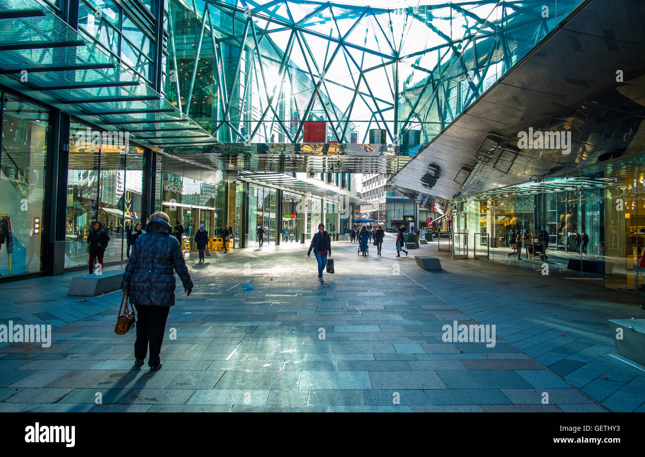 Inside the Highcross Centre in Leicester showing the geodesic design of ...